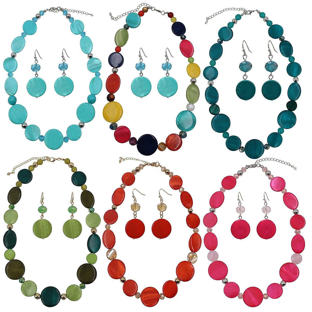 Jules D. Simple Beaded Choker Necklace Handmade Shell Multi Colorful Brown Green Beads Statement Necklace Bracelet Earring Set Costume Jewelry for Women Gifts (Multi)