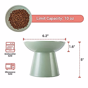 CEEFU Extra Wide Elevated Cat Bowls - Ceramic Cat Food Bowl 6.2" Raised Cat Food Bowls Elevated Shallow Cat Food Dish, Whisker Fatigue, Lead & Cadmium Free, 5" Good Height for Cat Feeding, Green