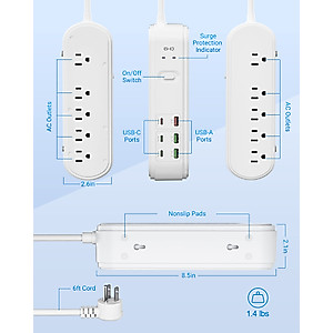 PD 40W USB C Power Strip Surge Protector, 10 Outlets and 6 USB Ports, Flat Plug Desktop USB C Super Fast Charging Station QC 18W Power Bar with 6ft Extension Cord for Home/Office, 1875W/15A, 4500J