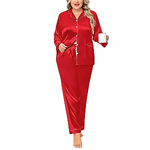 SWOMOG Women Plus Size Long Sleeve Pajamas Silk Satin Pajama Sets Button Down Sleepwear Pjs Loungewear with Pockets Red Apple