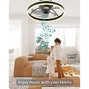 DewShrimp Low Profile Bladeless Ceiling Fan with Speaker, 19.8" Smart Fan Compatible with Alexa/Google Assistant/App Control, 6 Speed Flush Mount Dimmable LED Lights