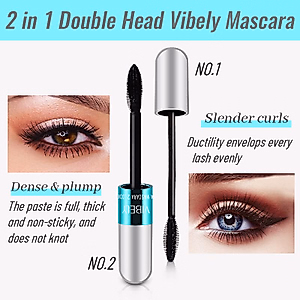 Vibely Mascara 5x Longer Waterproof, 2 in 1 4D Silk Fiber Lash Mascara, Lash Cosmetics Vibely Mascara 5x Longer Washable, Long-lasting Thrive Black Mascara for Natural Lengthening and Thickening (3pcs)