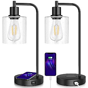Set of 2 Wireless Charging Industrial Table Lamp 3-Way Touch Control Dimmable Desk Lamp with USB Port Bedside Lamp with Hanging Seeded Glass Shade for Office Bedroom Living Room, Bulb Included