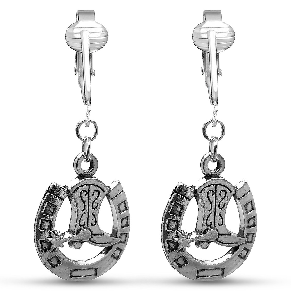 Aloha Earrings Bright & Fun Clip Earrings, Lightweight Stars, Owls, Eiffel Tower, Horse, Cowgirl, Flamingo, Elephant, Daisy Dangling Charm Designs for Clip Ears (Cowgirl Boots/Horse Set of 2)
