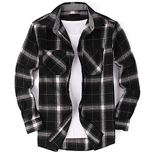 Ezmine Men’s Flannel Shirts Long Sleeve Casual Button Down Flannel Plaid Shirts for Men Camp Hiking Black