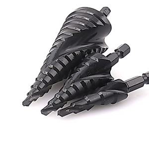 LWCUSNJ 4 Piece Step Drill Bit Set and Automatic Center Punch, HSS Nitriding Black Spiral Fluted Drill Bits for Hardened Metal, Stainless Steel, Wood, Plastic,6mm Hex Shank,Sizes 4-12mm/4-20mm/4-32mm