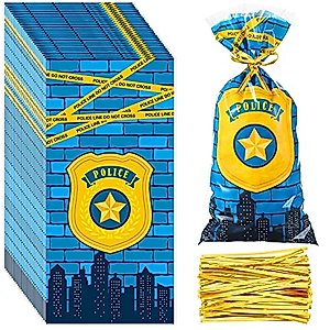 100 Pcs Police Party Cellophane Bags Police Party Favor Bags Police Gift Bag Police Candy Bag Police Goodie Bags Blue Cello Bags Treat Bag with 100 Sliver Twist Ties for Cop Birthday Party Supplies