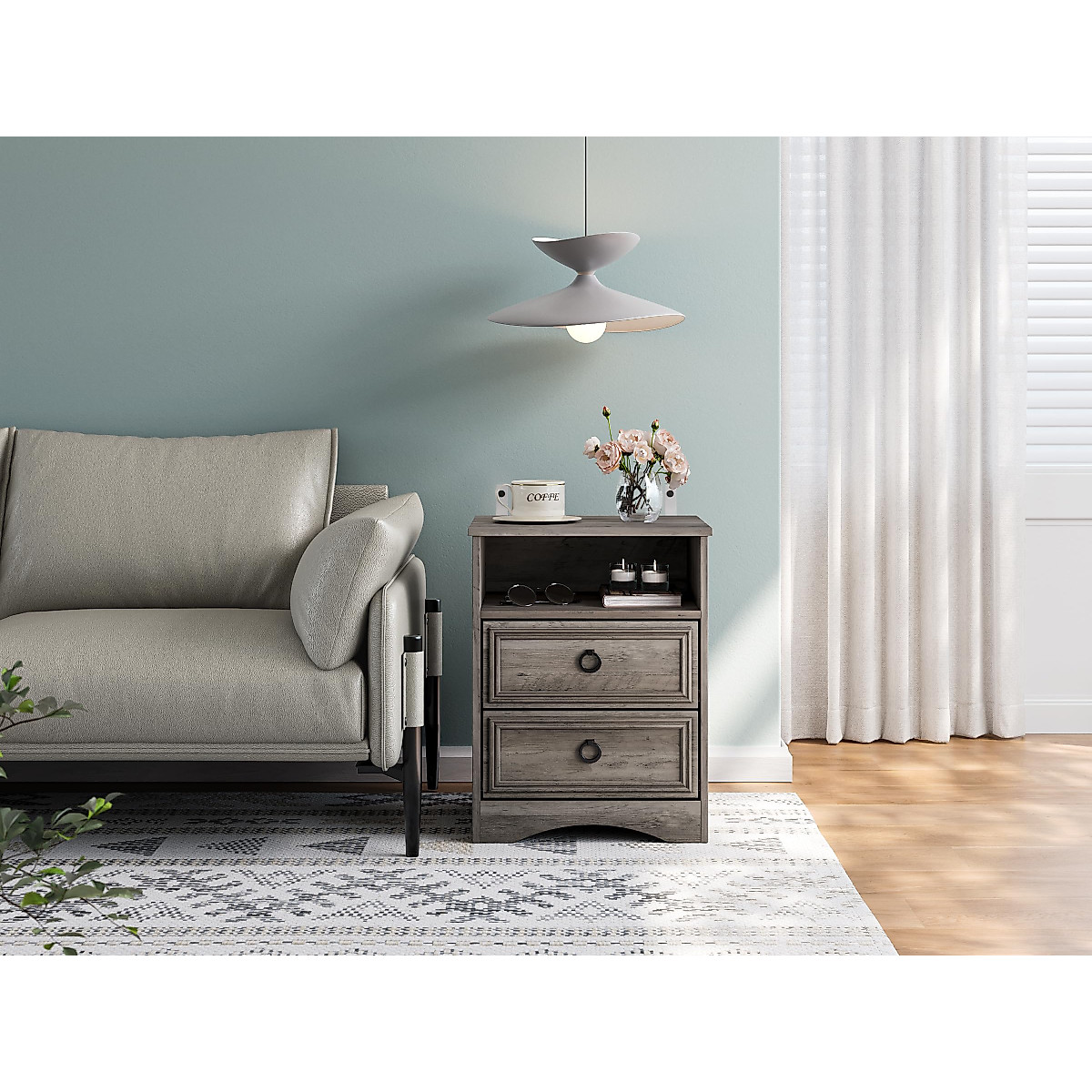 HolliWill Nightstand Set of 2, Night Stand with Drawers, Accent Bed Side Table and End Table with Open Storage for Bedroom, Living Room,Gray