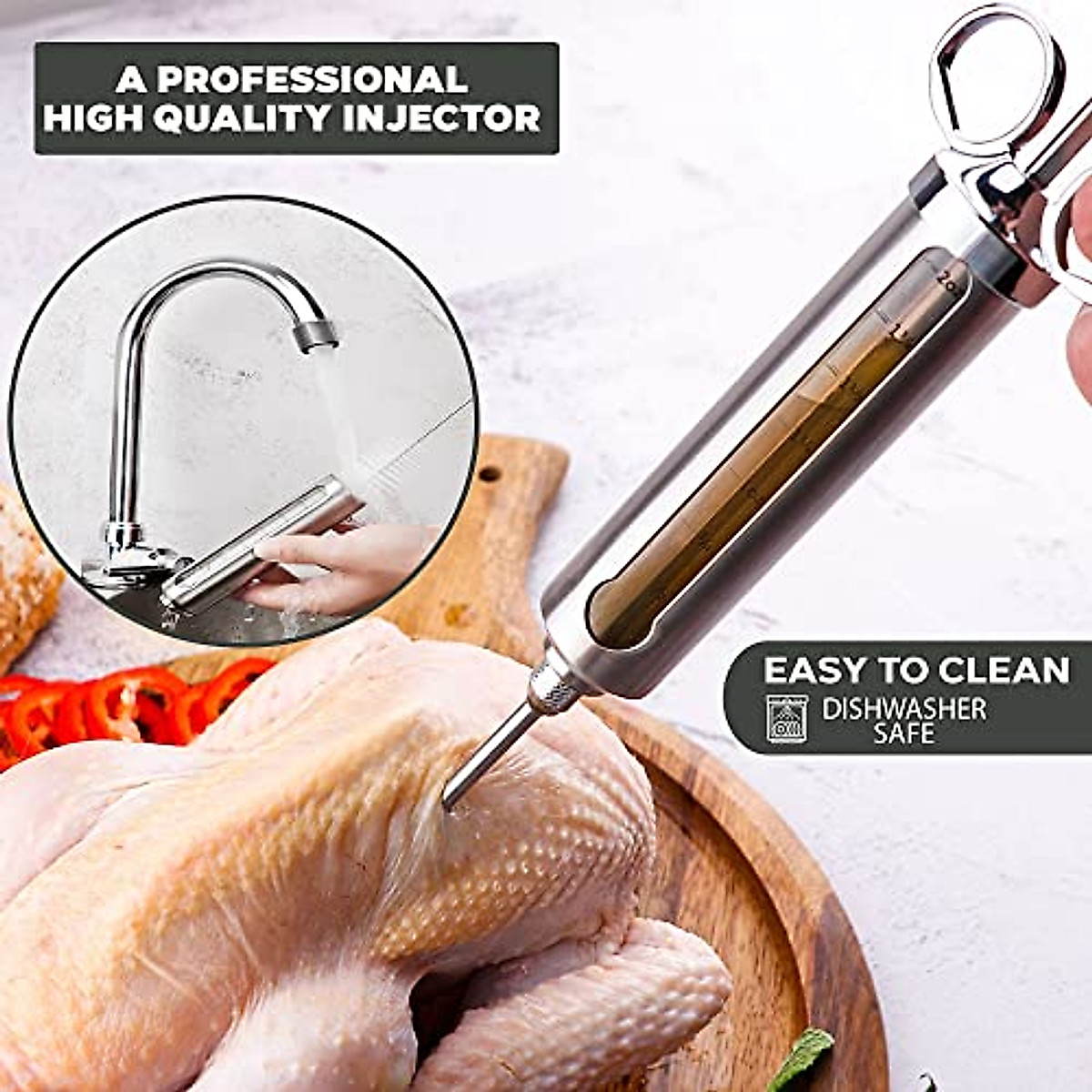 Grillin Pros Advanced Meat Injector Kit for Smoking & Grilling, Stainless Steel Large 2 Oz Syringe + Measuring Window for Cooking BBQ, Brisket, Turkey - Inject Marinade or Seasoning for Tender Flavor