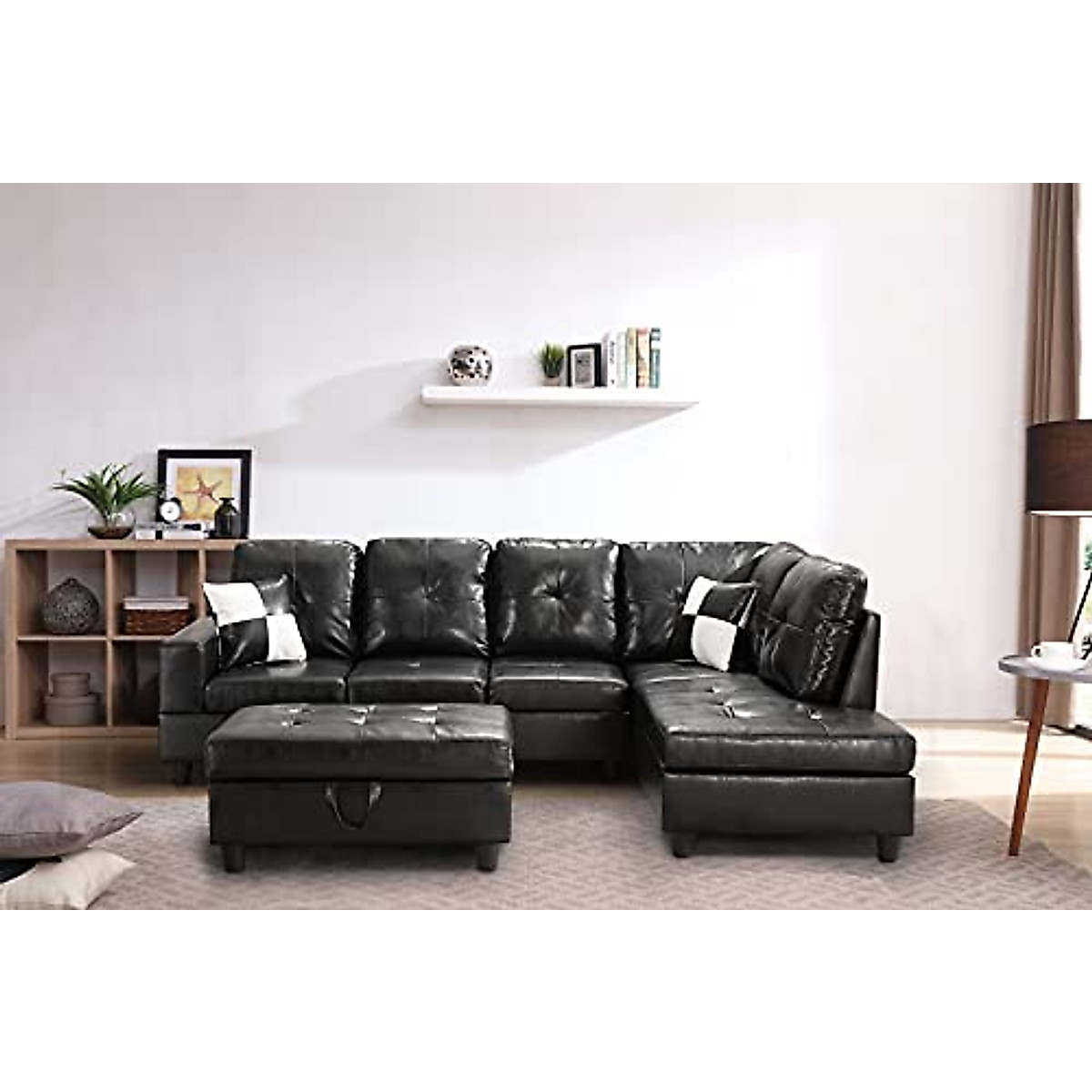 BIADNBZ Sectional Sofa with Right Chaise Lounge PU Faux Leather Couch for Living Room, Storage Ottoman, 2 Pillows, Black