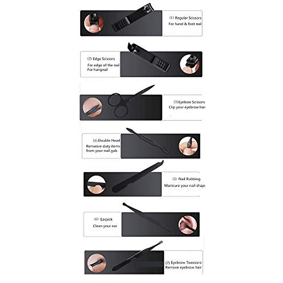 Aubcee Nail Clipper Set, Manicure, Pedicure Kit, 7 in 1 Black Stainless Steel Professional Grooming Kit with Black Leather Travel Case