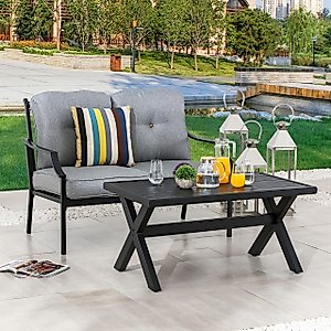 LOKATSE HOME Outdoor Loveseat and Coffee Table Metal Conversation Set Patio Furniture with Cushions for Poolside Backyard Lawn, Grey