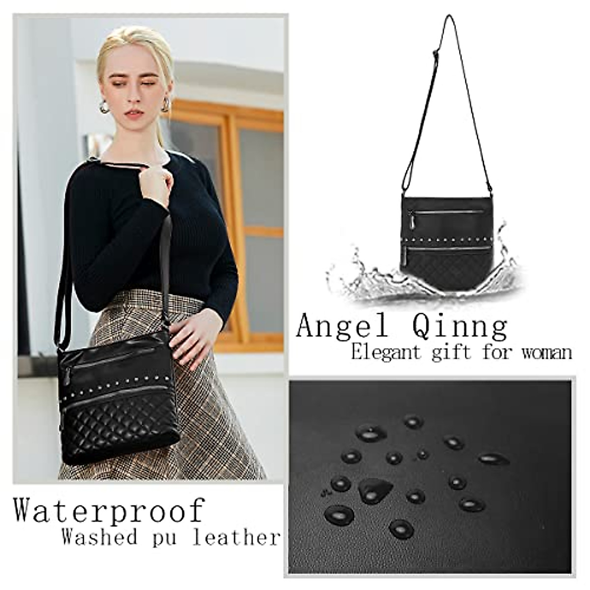 Women's Multi Pocket Crossbody Bags, Leather Shoulder Wallets, Zip Pockets, Pouches, Crossbody Wallets and Totes PU (BLACK-22T)