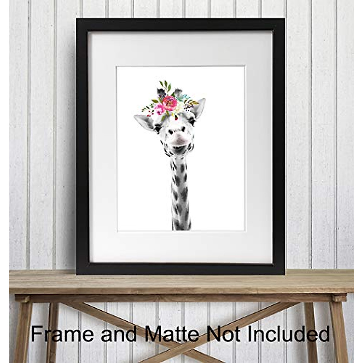 Baby Giraffe Wall Decor Print - Flower Crown Jungle Animals Wall Art Decoration for Girls Bedroom, Kids Room, Nursery - Cute Gift - Boho Shabby Chic Picture - 8x10 UNFRAMED Photo Poster