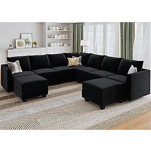 HONBAY Modular Sectional Sofa Velvet U Shaped Couch with Storage Oversized Sectional Sofa Couch for Living Room, Black