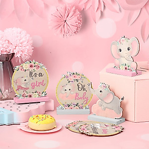 8 Pieces Pink Elephant Baby Shower Decorations Elephant Table Centerpiece Wooden Baby Shower Centerpieces for Girls Cute Wooden Sign for Baby Shower Birthday Photo Props Party Supplies, 8 Styles