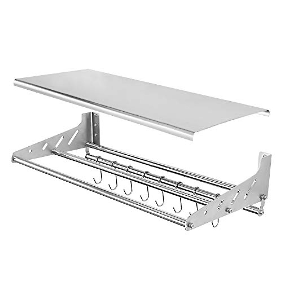 Funan Mountain Stainless Stell Wall Mount Shelf with Hooks 304 Bathroom Kitchen Commercial Shelf Rack Restaurant Bar Multifunctional Storage Shelf (10.63, 23.62)