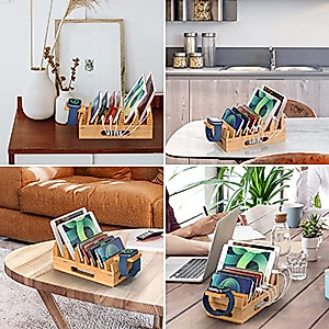 Bamboo Charging Station for Multiple Devices with 5 Port USB Charger, 5 Charger Cables and Watch Stand. Wood Desktop Docking Stations Organizer for Cell Phone, Tablet, Watch, Office Accessories