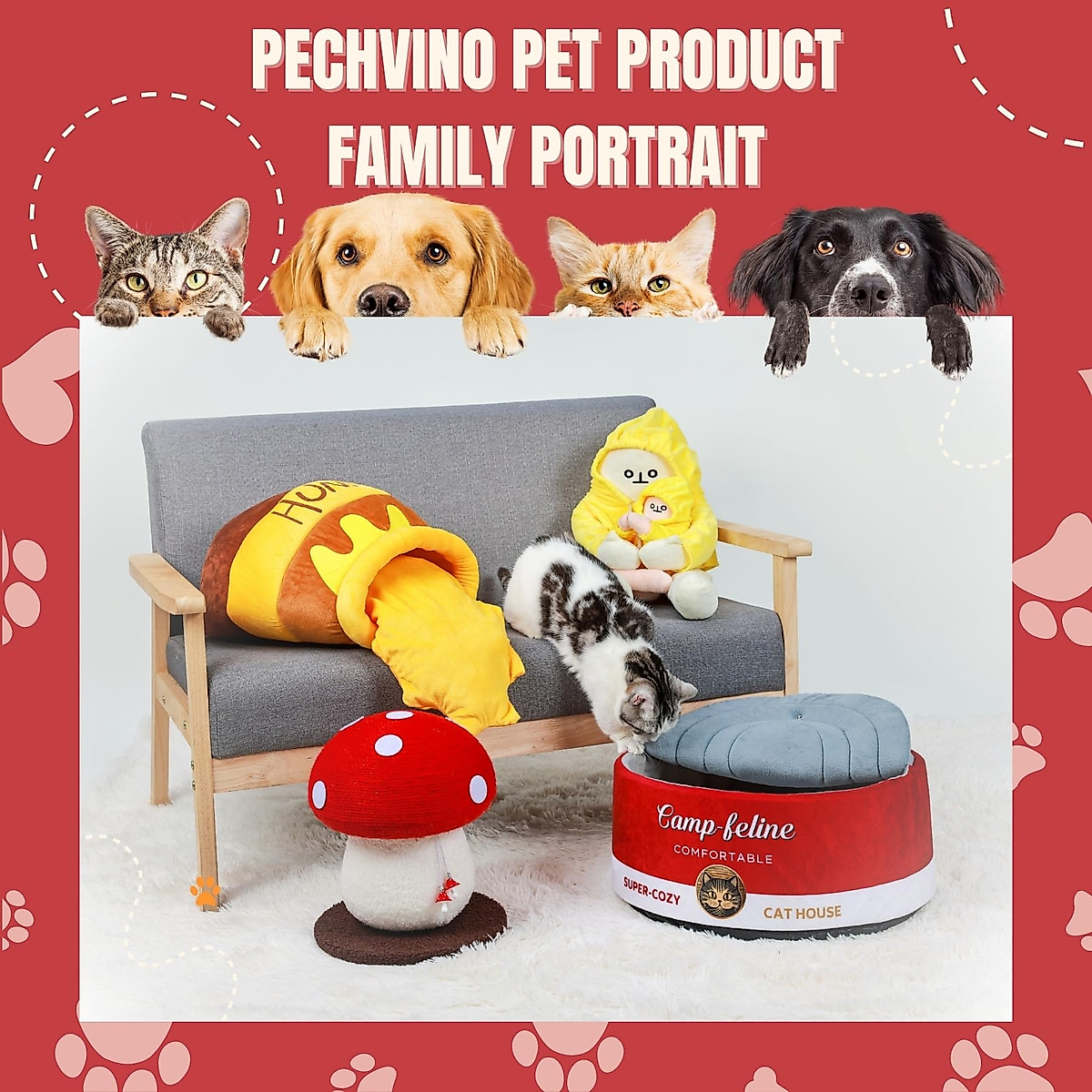 PECHVINO Can-Shaped Cat Bed – Ramen Bowl Cat Bed with Cover | Cute Enclosed Cat Bed with Ultra-Soft Cushion, Private & Cozy Design for Cats & Small Dogs