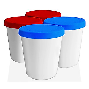 LIN Ice Cream Containers 4-Pack - 1Quart Reusable Round Storage Tubs for Homemade Ice Cream, Dessert, Gelato, Sorbet, 2 Red & 2 Blue Silicone Lids - Non-BPA Plastic Containers - Dishwasher-Safe - No Freezer Burn