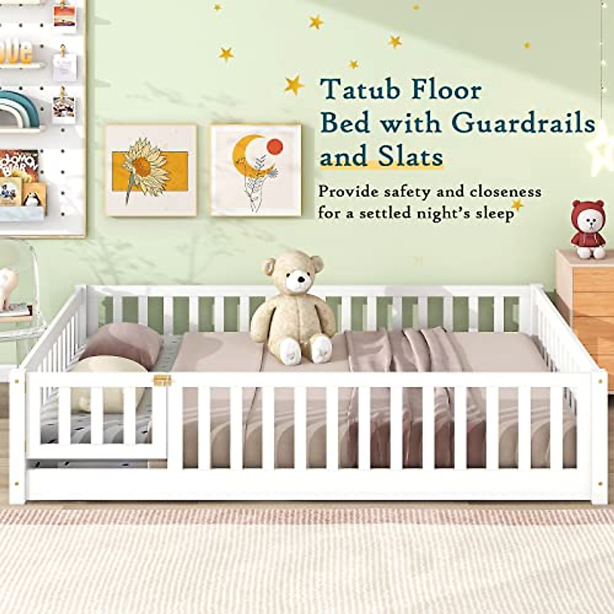 Tatub Full Size Floor Bed with Safety Guardrails, Door and Slats, Montessori Floor Bed Frame, Wood Montessori Floor Bed for Kids, Girls and Boys, Full-White