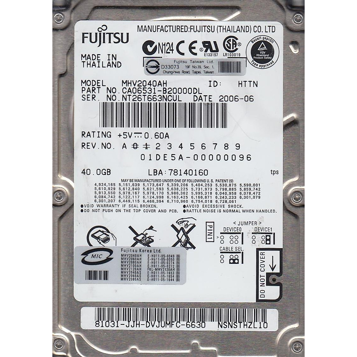 MHV2040AH, PN CA06531-B20000DL, Fujitsu 40GB IDE 2.5 Hard Drive