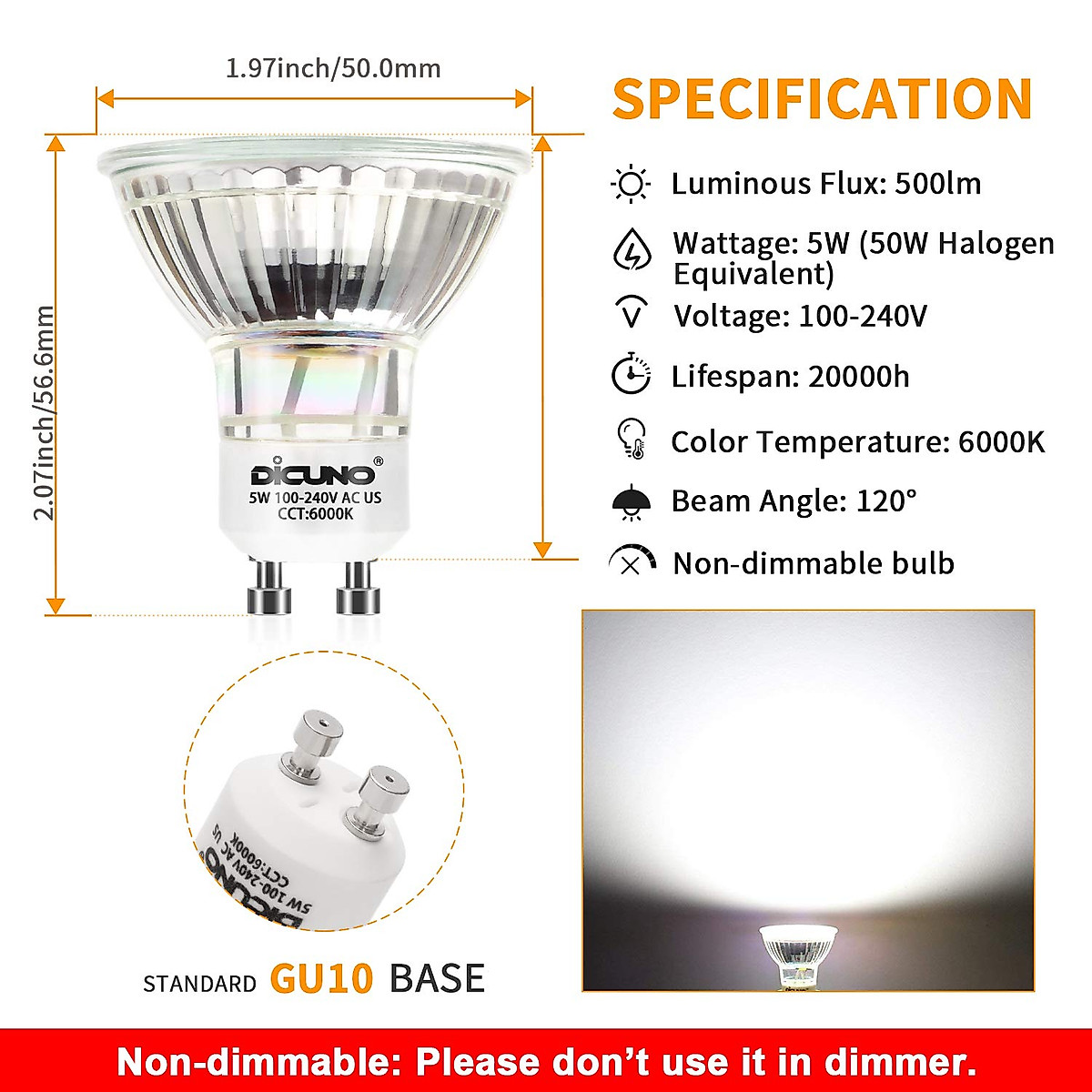 DiCUNO GU10 LED Bulbs 5W Daylight White 6000K, 500lm, 120 Degree Beam Angle, Spotlight, 50W Halogen Bulbs Equivalent, Non-dimmable MR16 LED Light Bulbs, 6-Pack