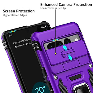 Nvollnoe Google Pixel 7 Pro Case, Purple Heavy Duty Protective Sturdy Rotate Ring Kickstand Phone Case with Sliding Camera Cover, Military Grade, TPU+PC 2 in 1 Construction
