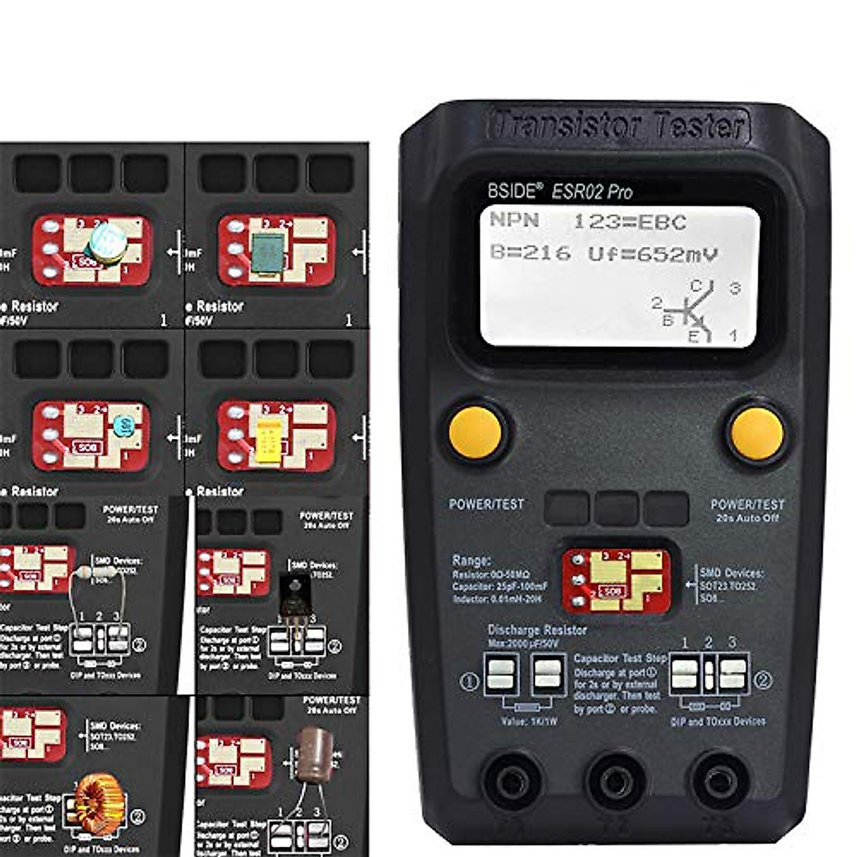 BSIDE ESR02 PRO Digital Transistor Tester SMD Components Meter Mega328 NPN/PNP Diode Triode Capacitor Inductance ESR Checker with Tweezers