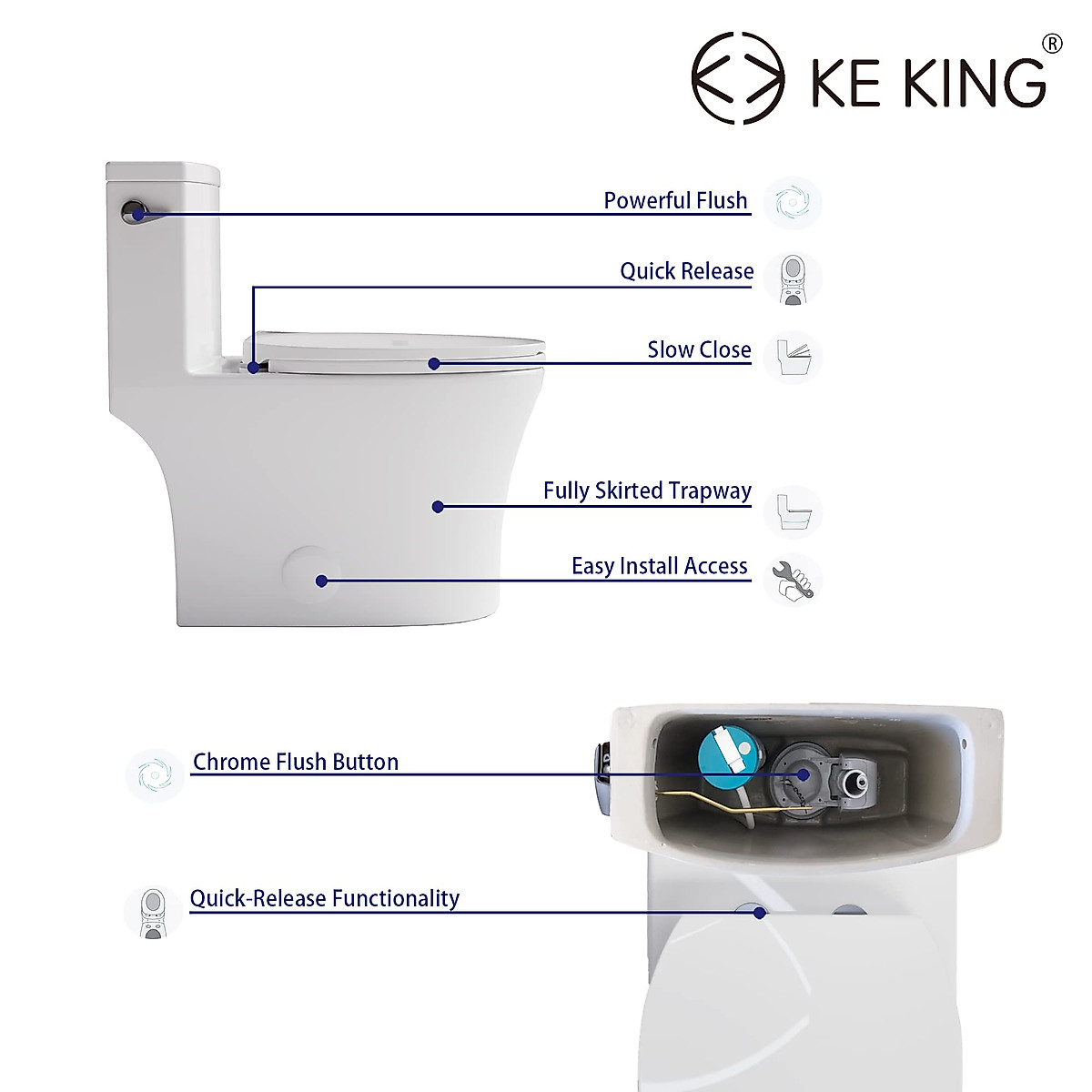 KE KING 1.28 Gpf Elongated One Piece Toilet, Powerful & Quiet Flush Modern Toilet(Side Flush) 12'' Rough-In Toilet & ADA Height