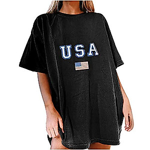 wodceeke Women's Independence Day Off-The-Shoulder Crew Neck Top T-Shirt Funny USA Flag Print Tee Casual Loose Tops (Black, XL)