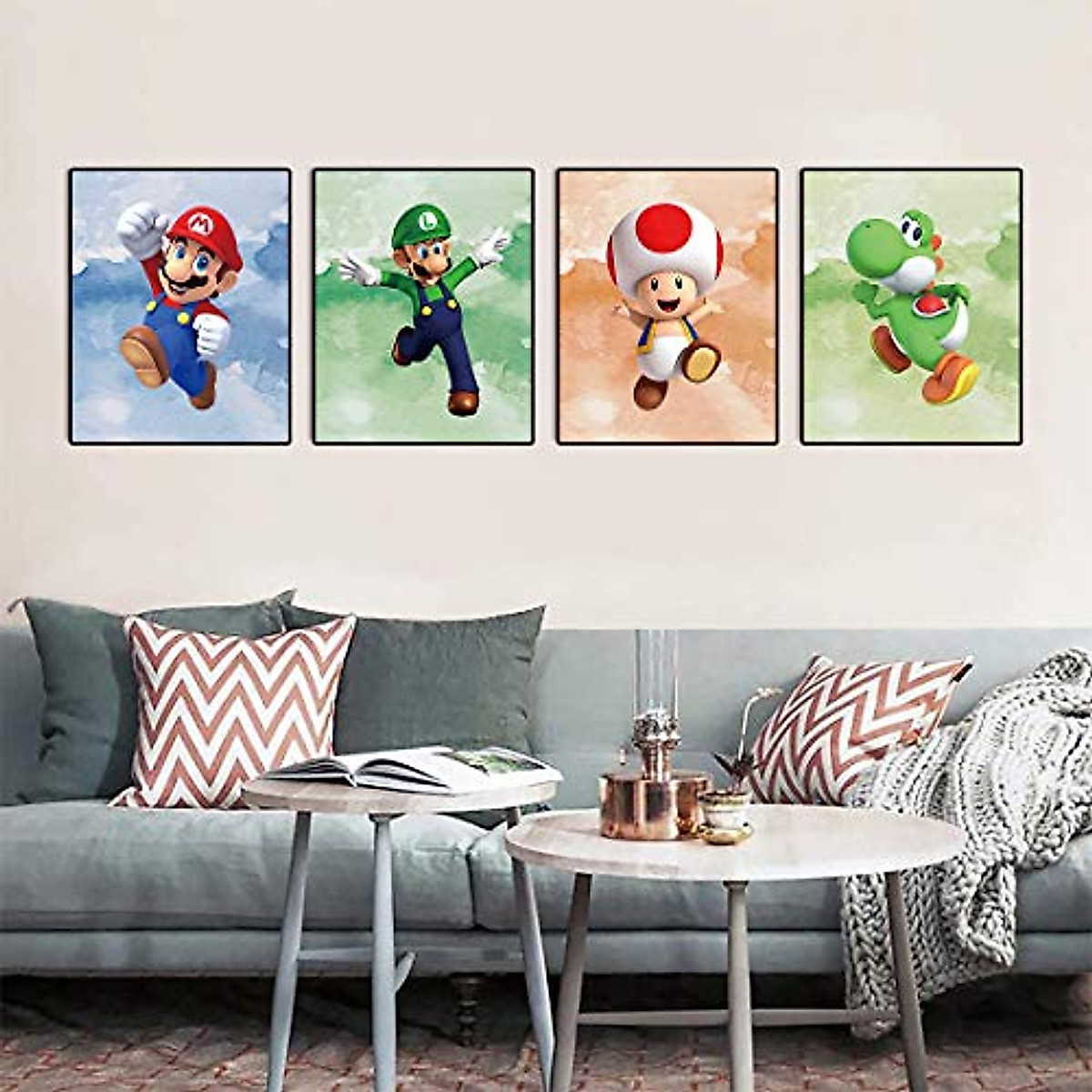 Super Mario Art Prints Toad Super Mario Prints Wall Art Game Room Decor Birthday Painting Set of 4 Pieces (8”X10”Canvas Picture), Bathroom Room Painting, Frameless