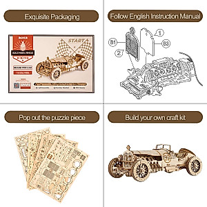 ROKR 3D Wooden Puzzle for Adults-Mechanical Car Model Kits-Brain Teaser Puzzles-Vehicle Building Kits-Unique Gift for Kids on Birthday/Christmas Day(1:16 Scale)(MC401-Grand Prix Car)