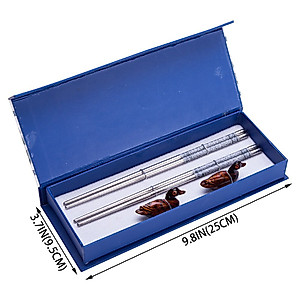 4 (2 pairs) Silver Stainless Steel Chopsticks & Mandarin Duck Holders Set In Gift Box