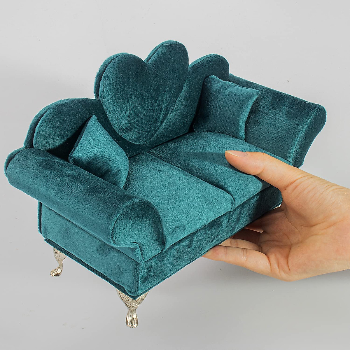 9.8 Inch Openable Dark Green Sofa Jewelry Box Armchair for Dollhouse Heart Shape Velvet Chair 1/6 Scale Dolls Accessories