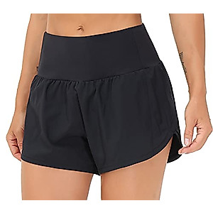 THE GYM PEOPLE Womens High Waisted Running Shorts Quick Dry Athletic Workout Shorts with Mesh Liner Zipper Pockets (Black, Large)