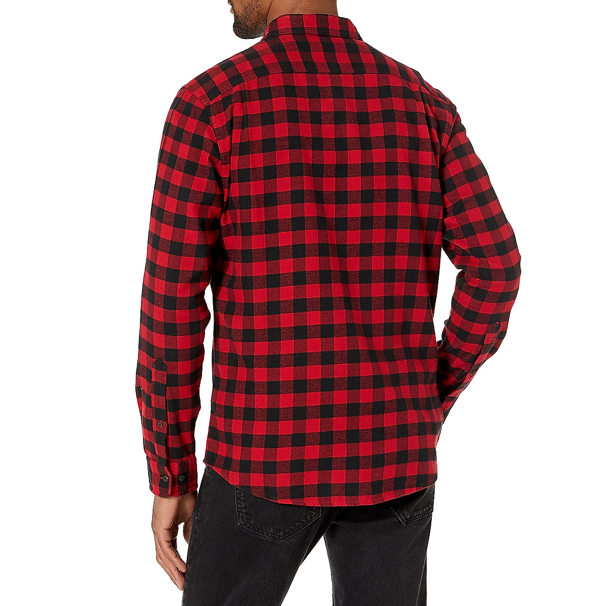 Amazon Essentials Men's Flannel Shirts Long Sleeve, Slim-Fit Button Down Plaid, Black Red Buffalo Plaid, Large