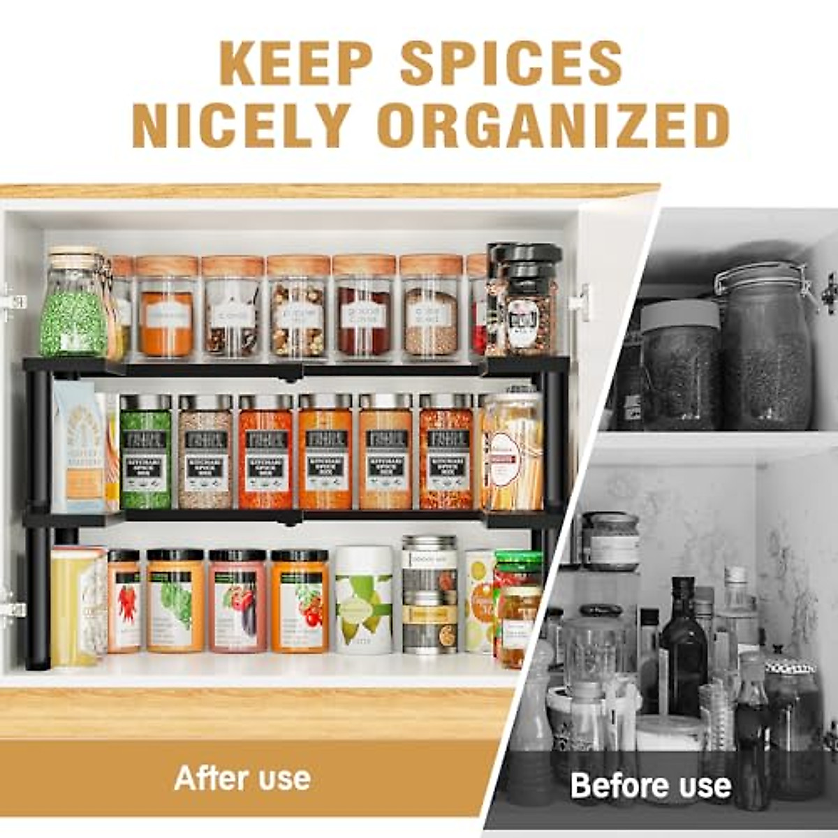 THYGIFTREE Spice Rack Organizer for Cabinet Expandable Metal Seasoning Organization Height Adjustable 2 Tier Spice Storage Shelf for Cupboard Pantry