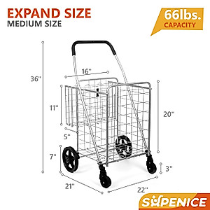 SUPENICE Grocery Utility Shopping Cart - Deluxe Folding Cart with Double Basket and 360° Rolling Swivel Wheels 66 lbs Utility Cart with Wide Cushion Handle Bar for Grocery Laundry Book Luggage Travel