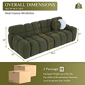 Wrofly 86.5" Boucle Sofa Couch, Comfy Upholstered Sherpa Deep Seat Cloud Couch, Cozy Modern Tufted 3 Seater Couch with 2 Pillows for Living Room Apartment Office, Olive Green