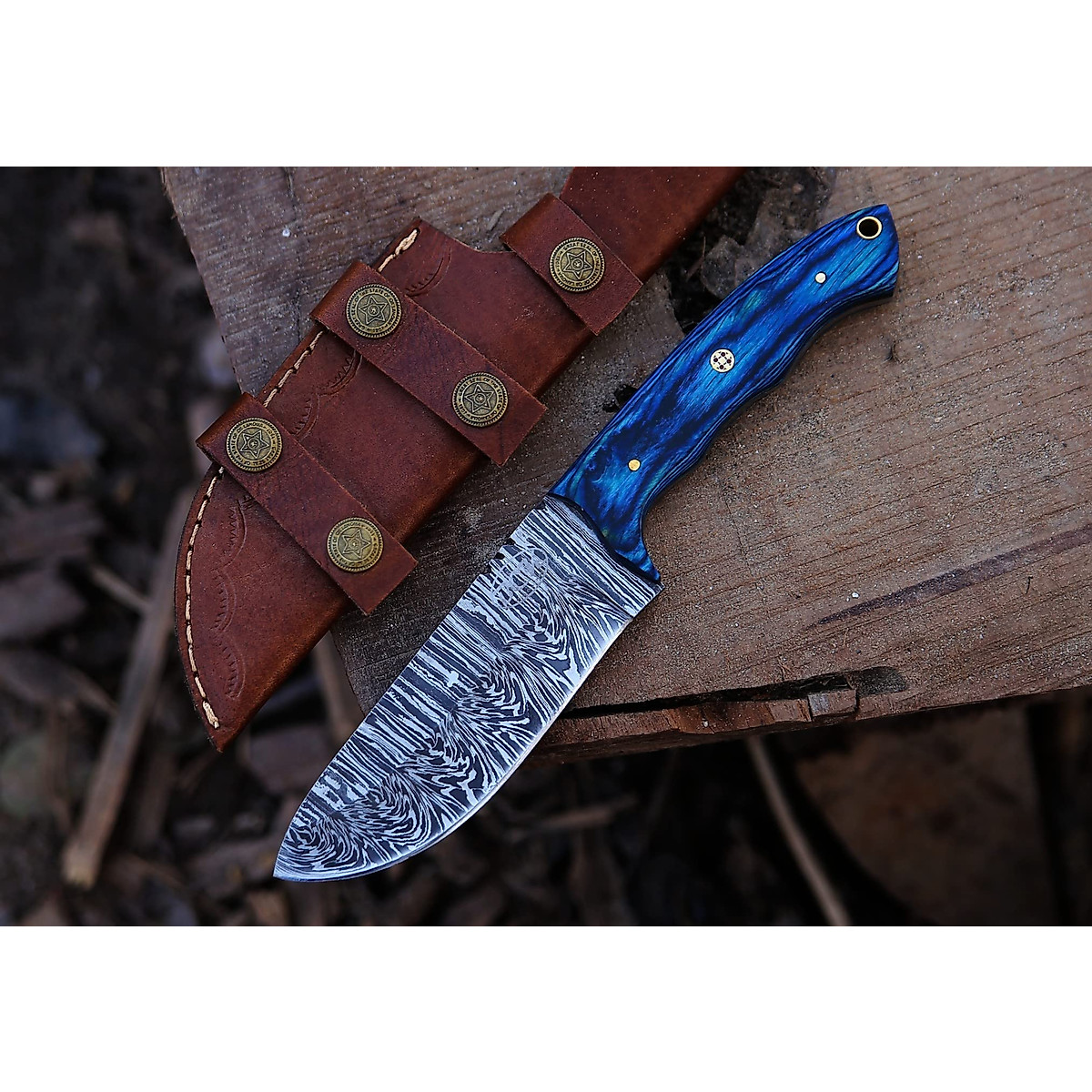 BCK damascus knife damascus steel hunting knife Fixed Blade Hunting Knife with Sheath - Damascus Knife with Blue Wood Handle - 9.75 Inches Handmade Camping Knife Prime Quality EDC camping Knife.