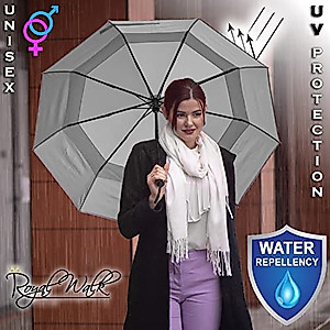 Royal Walk Windproof Folding Travel Umbrella Compact and Strong Luxurious Real Wood Handle Automatic Open Close Vented Double Canopy for Men and Women