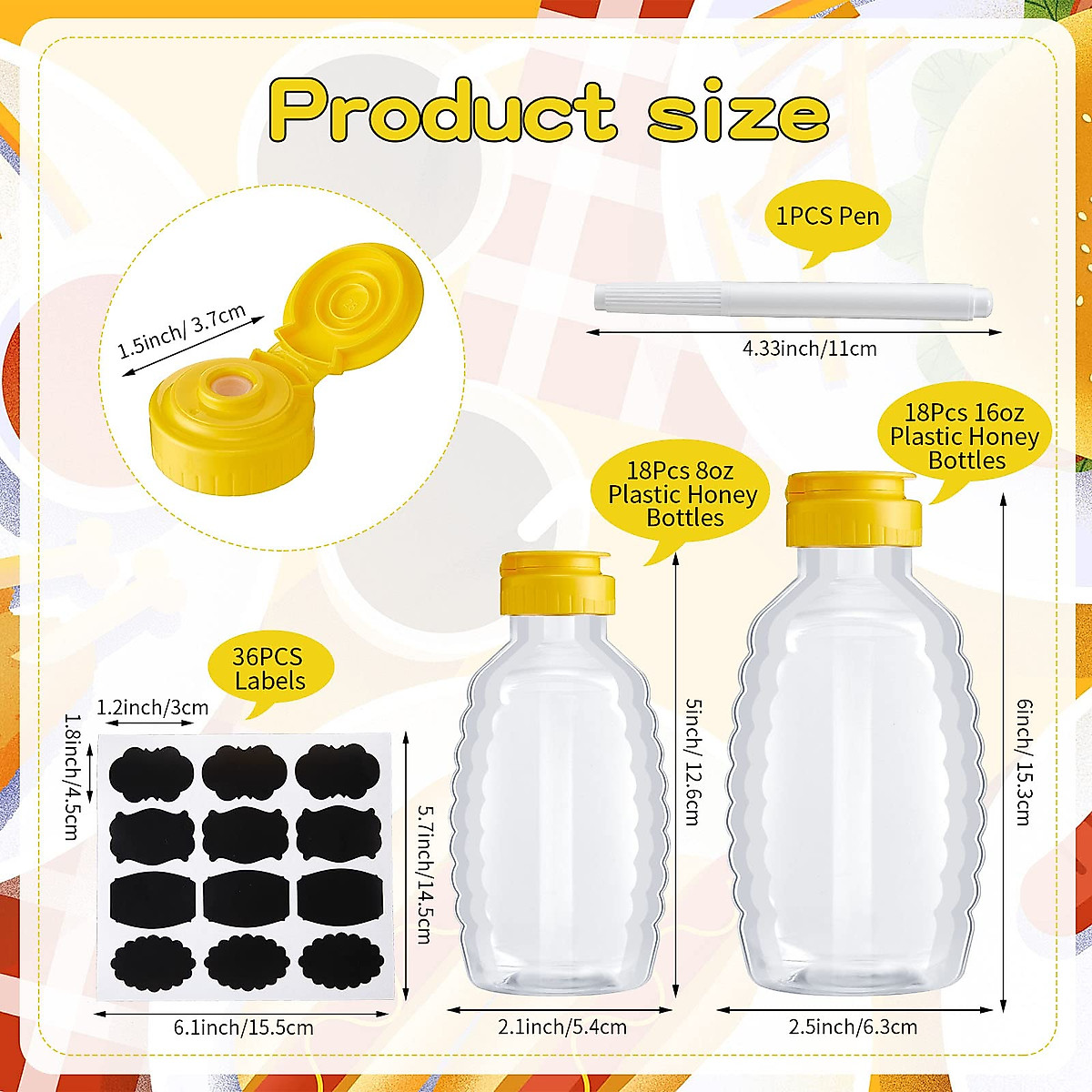 36 Pieces 8/16 oz Honey Bottles Squeeze Honey Bottles Clear Plastic Honey Bottles Honey Jar Container with 36 Pcs Chalkboard Labels and and 1 Pcs Pen Honey Holder with Flip Lid for Dispensing Food