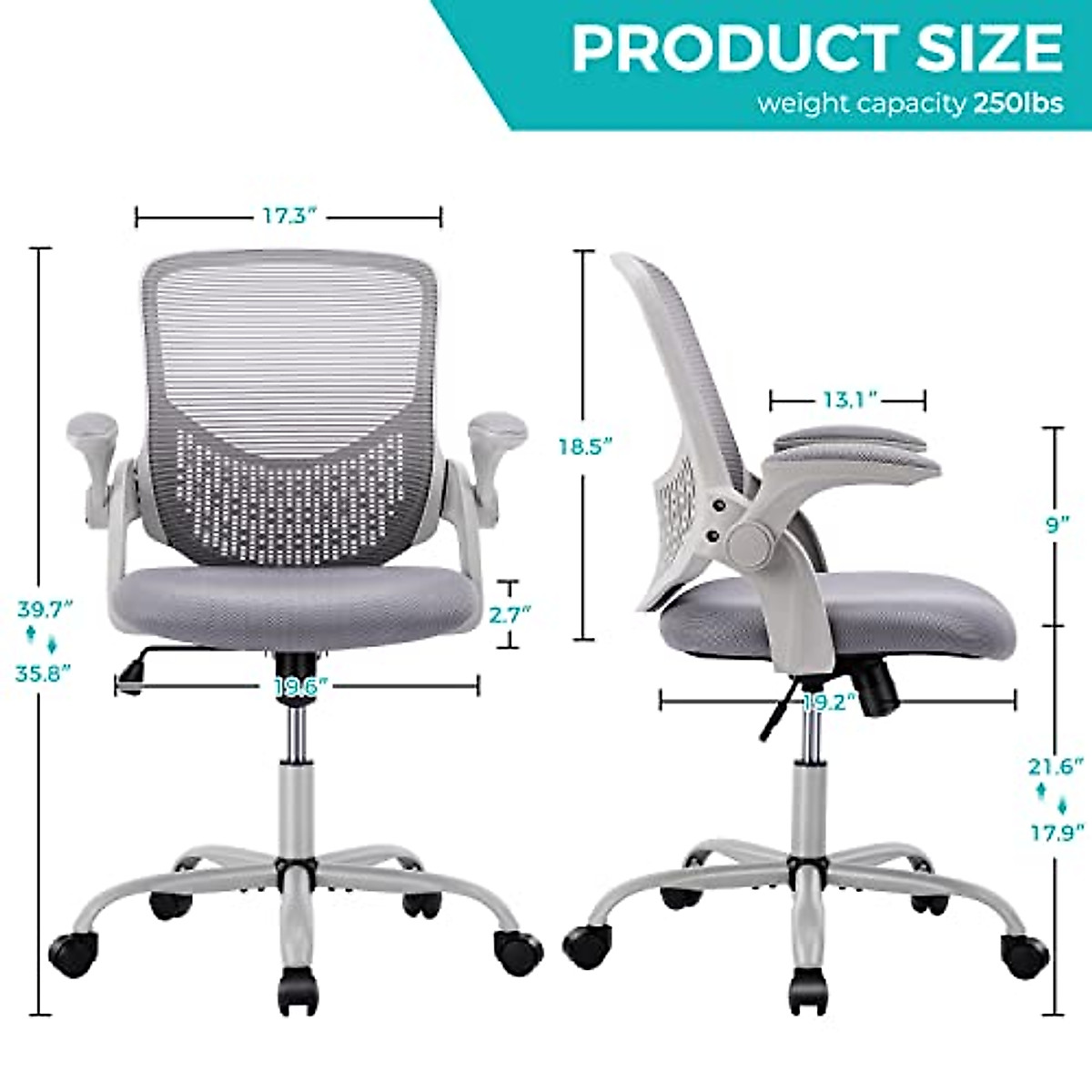 Office Chair, Ergonomic Computer Chair Mesh Home Office Desk Chairs with Flip-up Armrests, Rolling Swivel Chair with Lumbar Support Height Adjustable, Grey