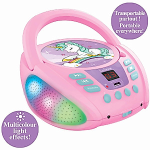 Lexibook Unicorn - Bluetooth CD Player for Kids – Portable, Multicoloured Light Effects, Microphone Jack, Aux-in Jack, AC or Battery-Operated, Girls, Boys, Pink, RCD109UNI