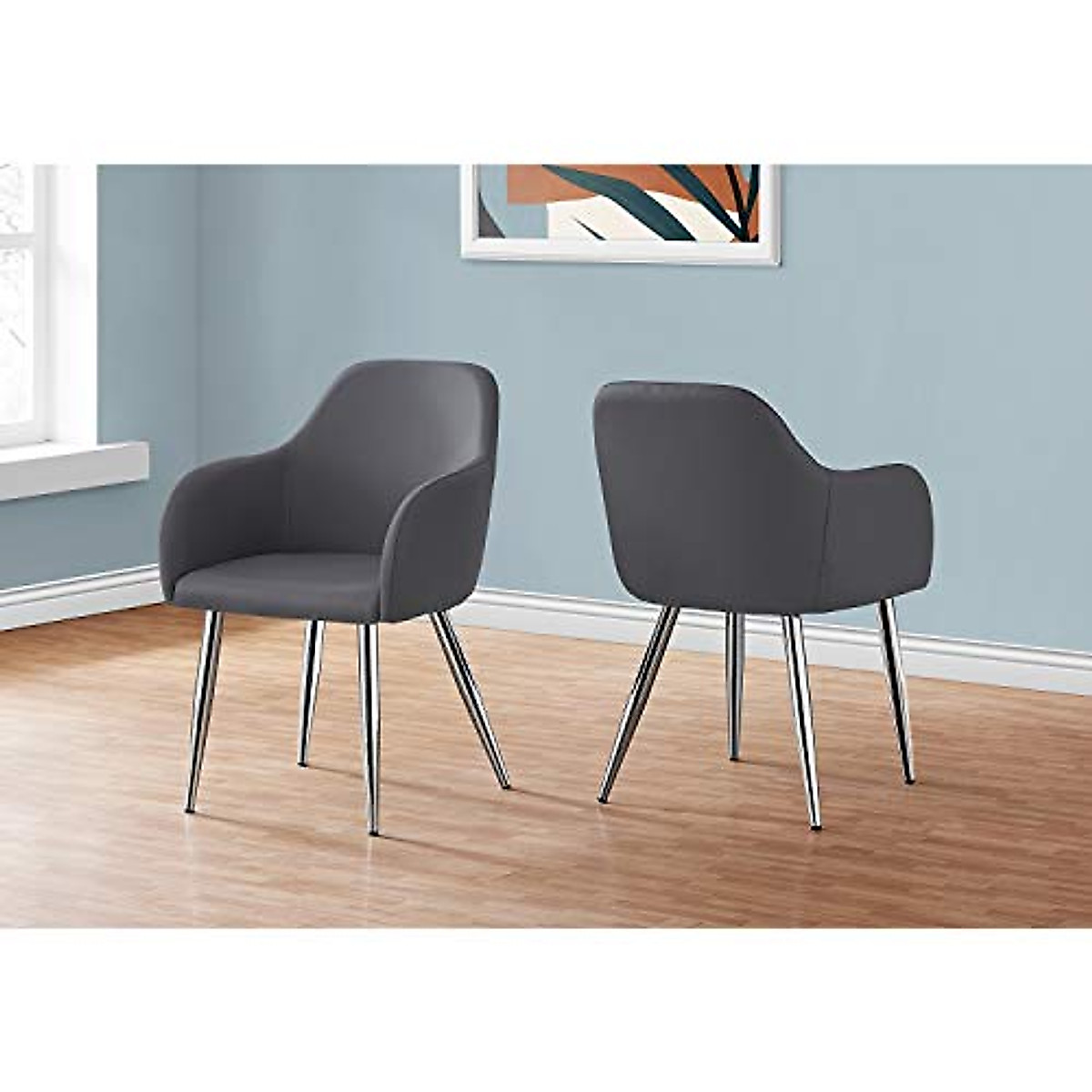 Monarch Specialties 1192, Set of 2, Side, Upholstered, Kitchen, Room, Pu Leather Look, Metal, Contemporary, Modern Dining Chair, 17.50" L x 23.5" W x 33" H, Grey | Chrome Legs