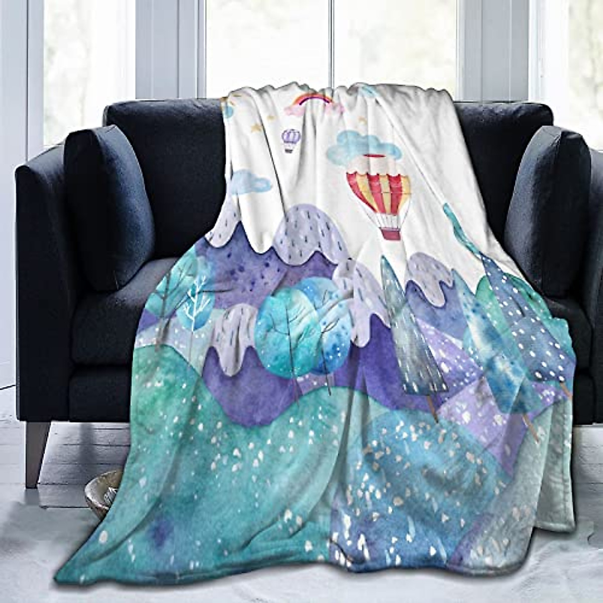 Cartoon Forest Hot Air Balloon Soft Lightweight Fleece Throw Blankets Cozy Warm Fuzzy Plush Microfiber Blanket for Sofa Couch Bed All-Season 60"X50"
