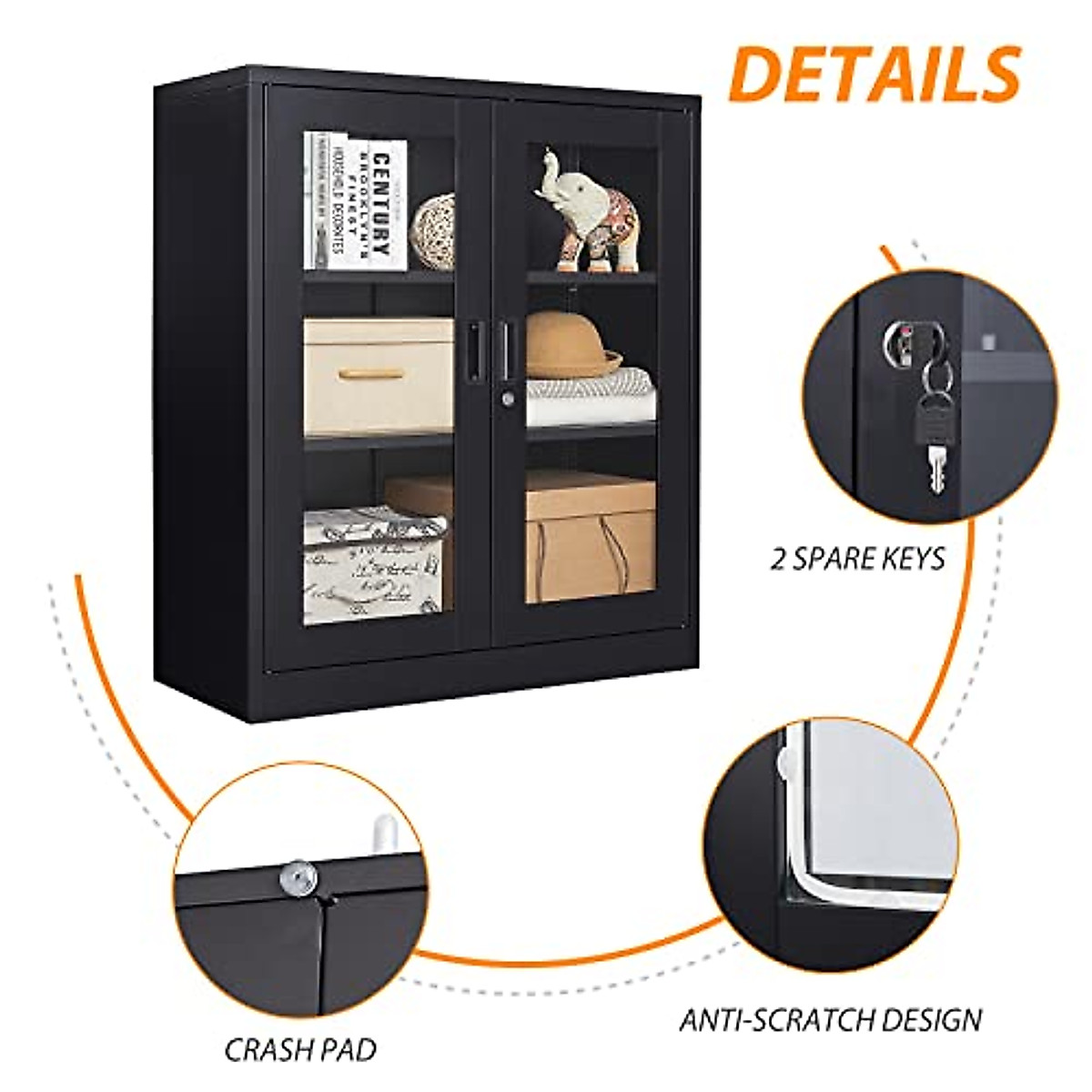 Anxxsu Metal Storage Cabinet with Glass Door, Locking Display Storage Cabinet with 2 Glass Doors and 2 Adjustable Shelves for Home, Office, Bedroom Storage (Black)