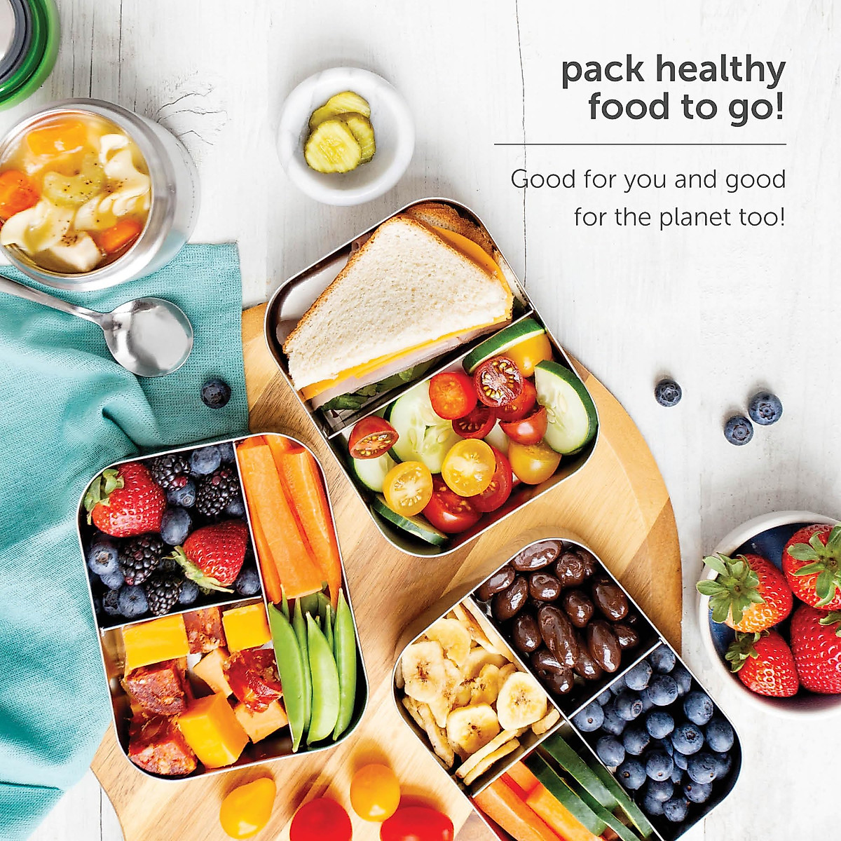 LunchBots Medium Duo Snack Container - Divided Stainless Steel Food Container - Two Sections for Half Sandwich and a Side - Eco-Friendly - Dishwasher Safe - Stainless Lid - All Stainless Steel