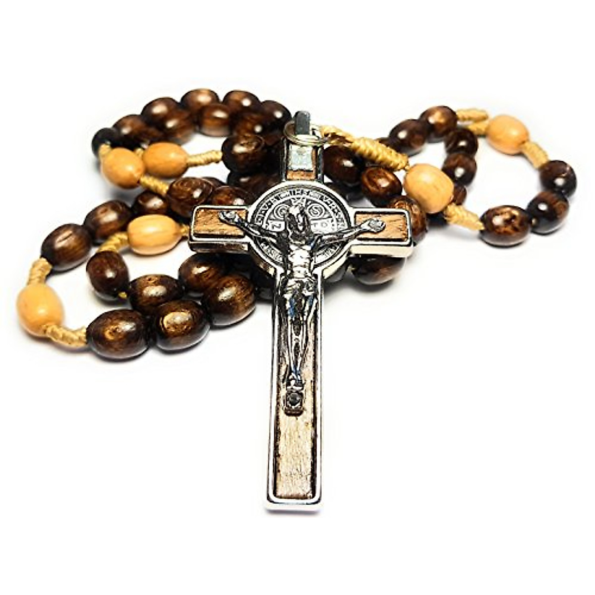 ESNOY OVERSIZED Made in Italy Rosary Blessed by Pope Francis Vatican Rome Holy Father Medal Cross Saint Benedict Patron Saint of Students Honor Veterans US Army solders Addiction Dependence (Brown)